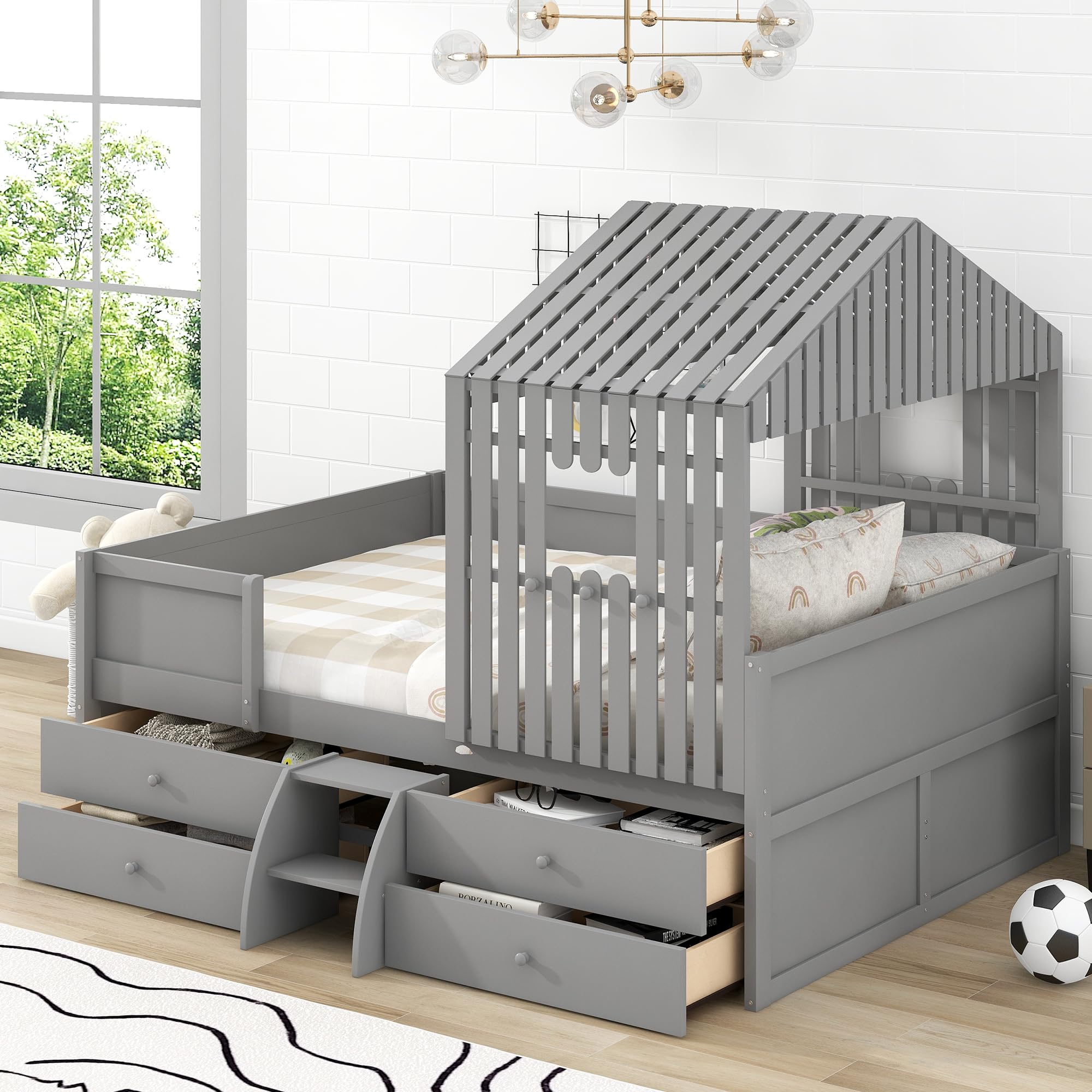Harper & Bright Designs Full Size House Bed for Kids, Full Size Platform Bed with Storage Drawers and Roof, Hardwood Low Loft Bed Frame for Girls Boys (Gray)