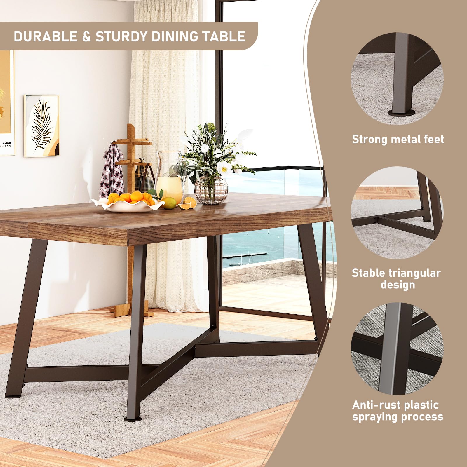 chartustriable 72 inch Solid Wood Dining Table for 4 5 6 People, Rustic Large Brown Rectangular Kitchen Dinner Tables w/Adjustable Metal Leg for Home Living Dining Room Farmhouse Office Family