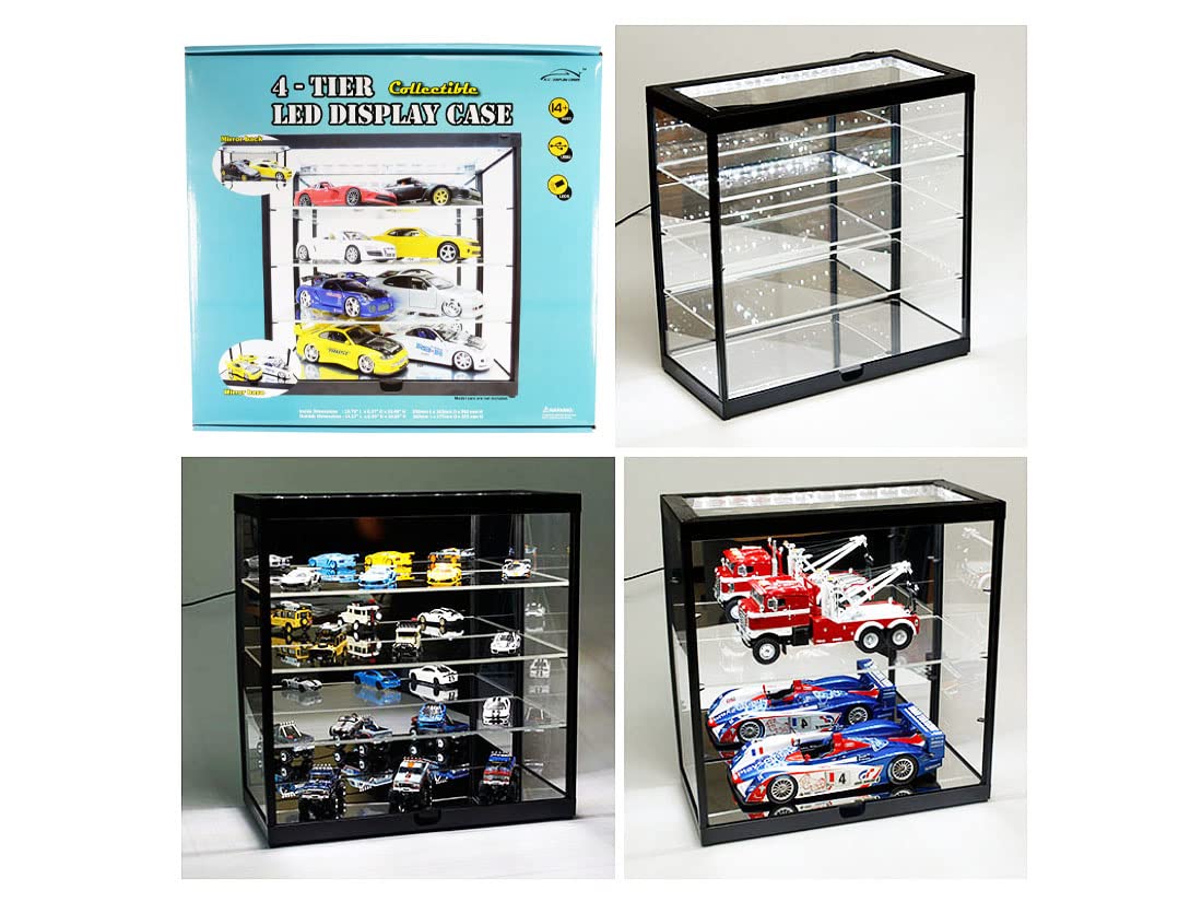 Collectible 4-Layer Display Showcase with USB Powered LED Lights Black for 1/18 1/24 1/32 1/43 1/64 Scale Models MJ7840 MBK