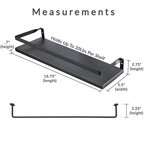 Peter's Goods Modern Floating Shelves with Rail - Wall Mounted Bathroom Wall Shelves with Towel Bar - Also Perfect for Bedroom Decor and Kitchen Storage - Solid Paulownia Wood Shelf Set of 2 (Black)