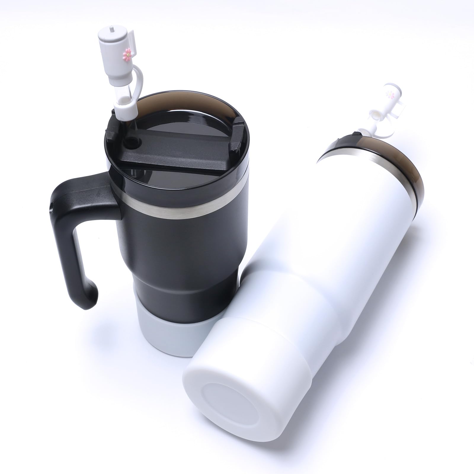 2Pcs Silicone Boots and 2Pcs Silicone Straw Toppers for Stanley Cup Accessories, Reusable Water Bottle Bottom Sleeves Protector, White
