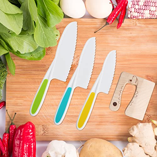 8 Pieces Kids Knife Set,Wooden Kids Kitchen Knives Set include 4 Plastic Toddler Safe Knives/Crinkle Cutter/Kids Cutting Board/Y-Peeler/Resistant Gloves for Cutting Veggies Fruit Cake Salad Bread