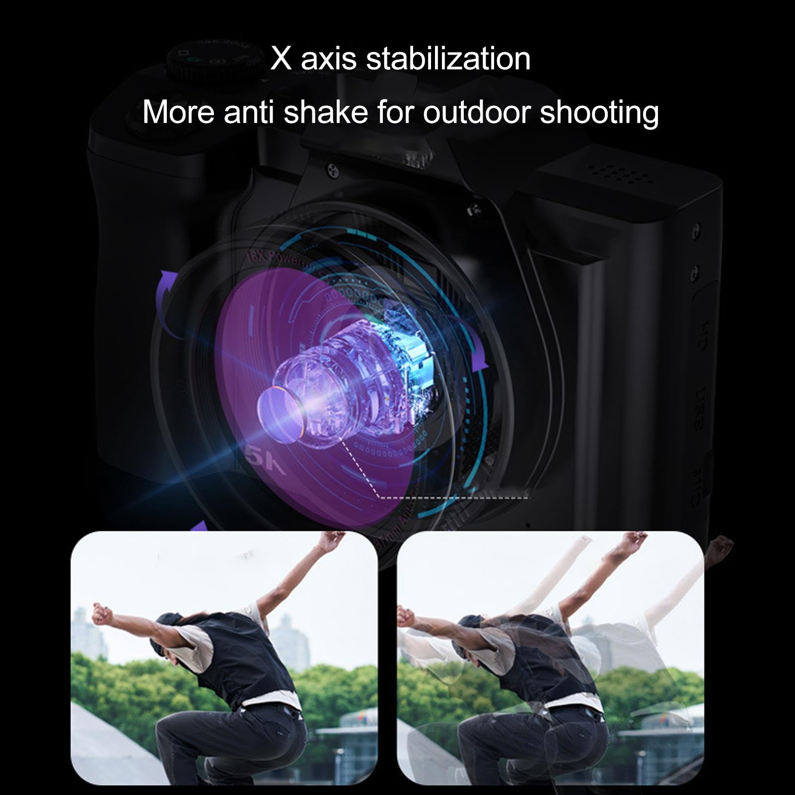 48MP 5K HD Smart Digital Camera, Ultra Clear 6 Axis Anti Shake, 16X Zoom, for Photography, with 3.5in IPS Screen, US Plug