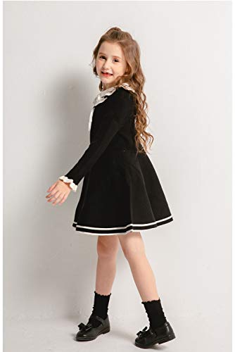SMILING PINKER Toddler Girls Dresses Sweater Long Sleeve Winter Knitted Skater Dress Ruffle Collar (Black, 6-7 Years)