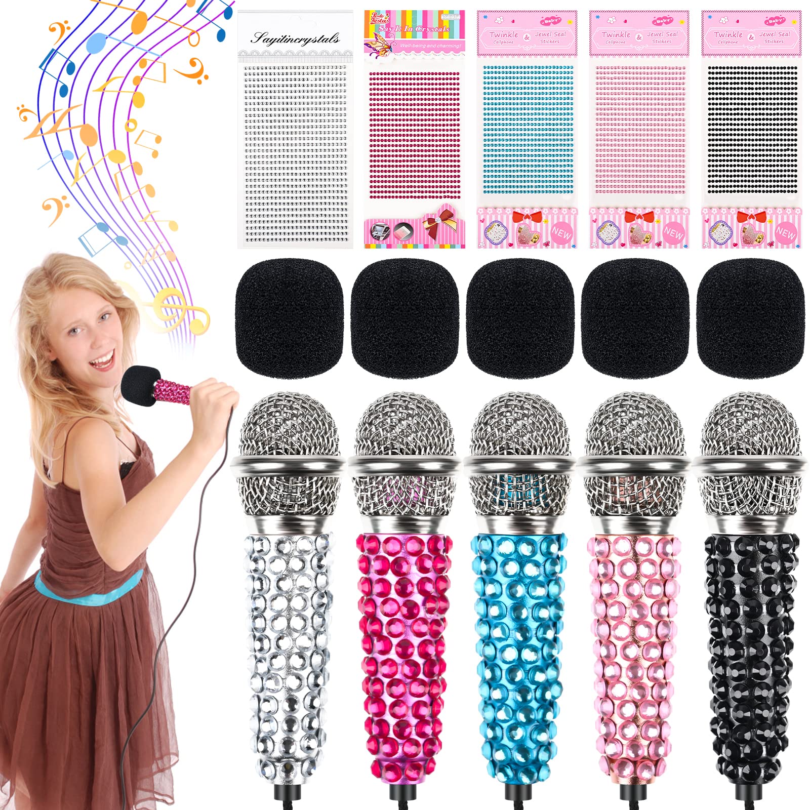 5PCS Mini Microphone Portable Vocal Instrument Tiny Phone Microphone Asmr Karaoke Microphone with 5 Pieces Rhinestone Stickers | 3.5mm Audio Connector Suitable for Apple Android Mobile Phone Laptop