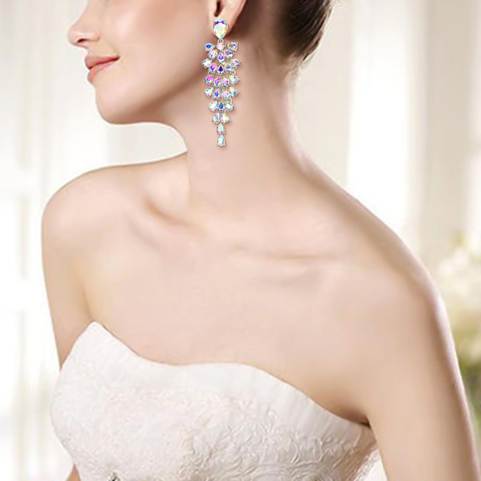 BriLove Women's Wedding Bridal Dangle Earrings for Party Prom Crystal Multi-Layer Teardrop Cluster Bling Jewelry Iridescent AB Silver-Tone