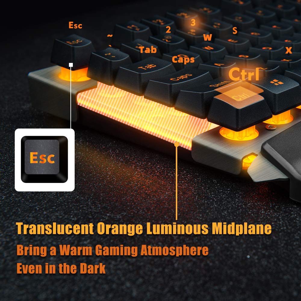 7KEYS K8 Gaming Keyboard USB Wired with Premium Big Wrist Rest, Floating Gaming Keyboard with Orange Led Backlit, Durable Metal Panel, Quiet Mechanical Feeling Keyboard, Ergonomic for PC Desktop