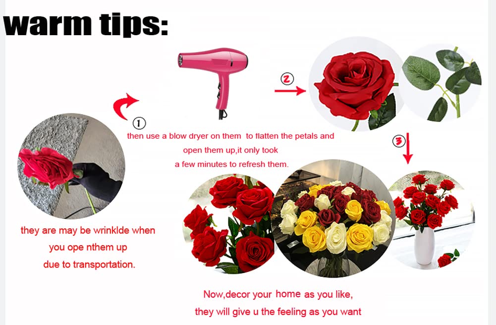 Bringsine Artificial Velvet Flowers Realistic Roses Bouquet with Long Stem for Home Wedding Decoration Party-Red