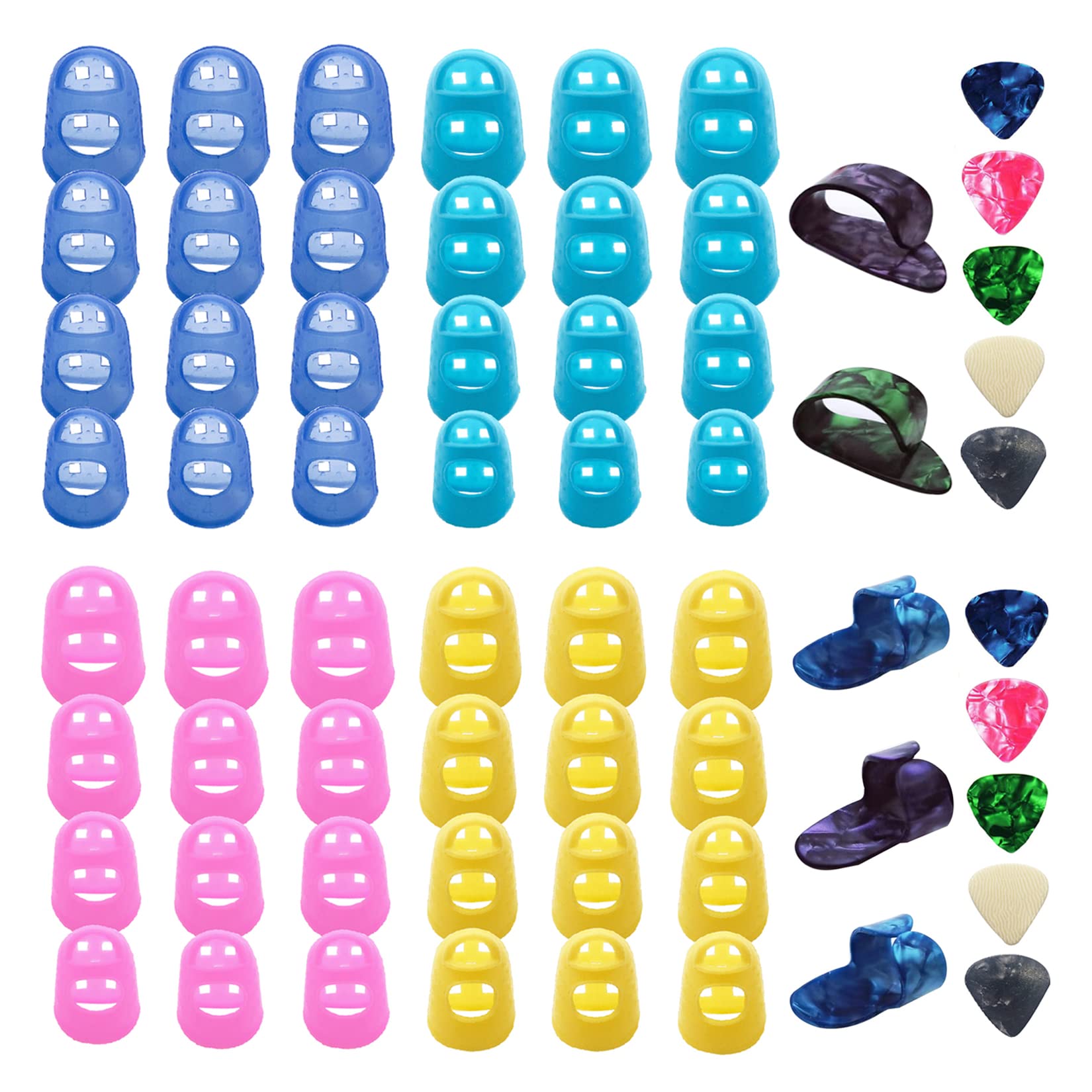 48Pcs Guitar Finger Protector Guitar Fingertip Protectors 4 Sizes Silicone Finger Guards Cover 5Pcs Thumb and forefinger picks for Ukulele Electric Guitar and10 Guitar Picks