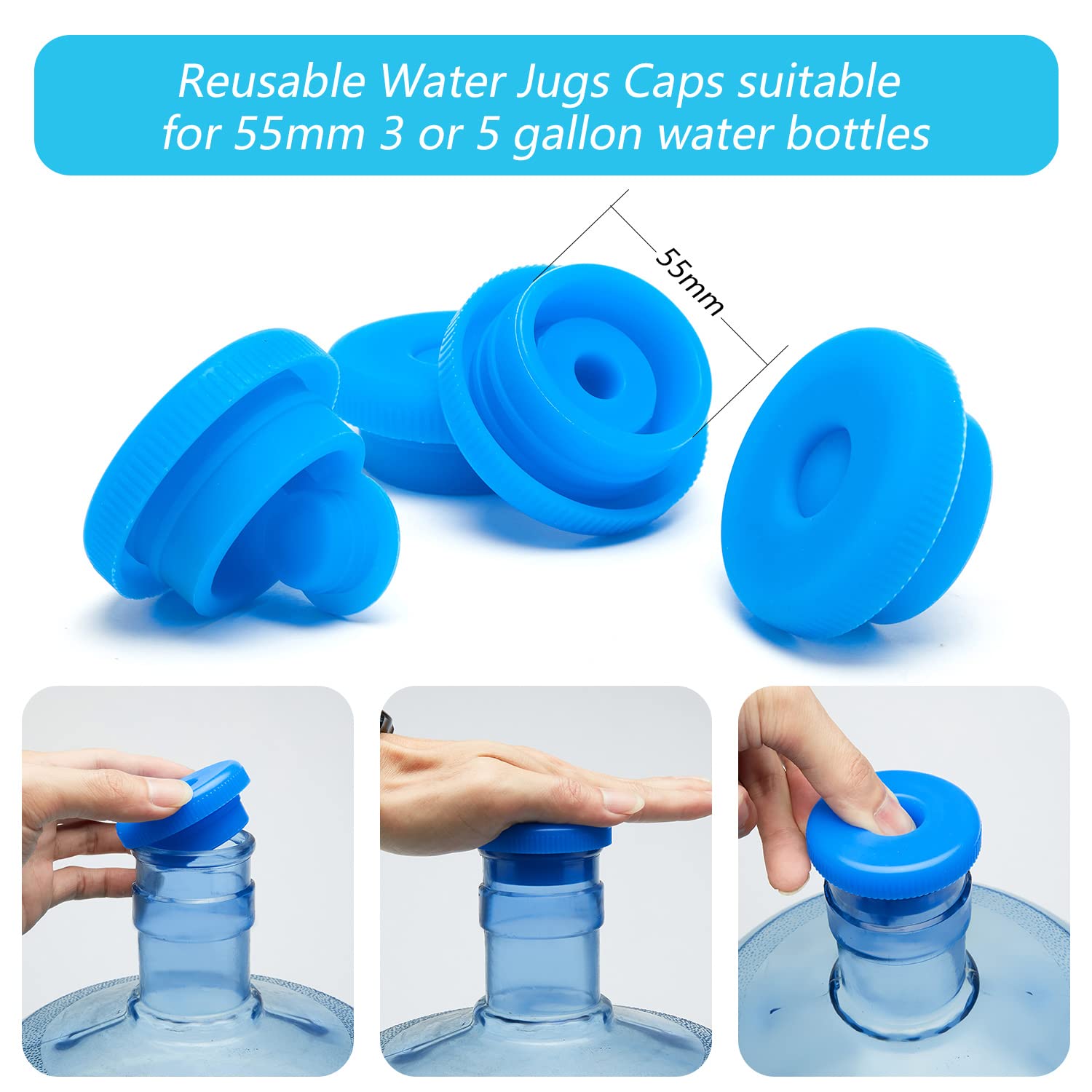 5 Gallon Water Jug Cap Reusable - Water Bottle Caps Fits 55mm Bottles,Silicone Non-Spill Lids for Anti-Splash,Pack of 6