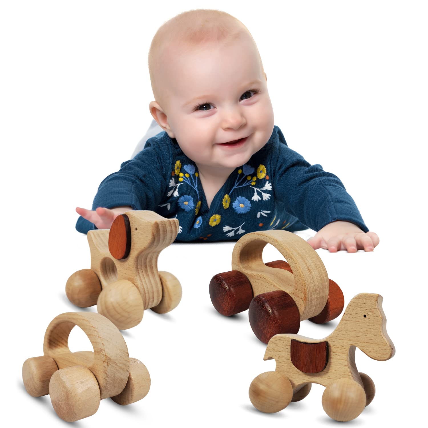 TEKOR Wooden Animal Push Toy with Wheels | Baby & Toddler | Grasping & Teething | Natural Organic Beech Wood | Develops Fine Motor Skill | Coordination | Smooth No Rough Edges | (Package of 4 Toys)
