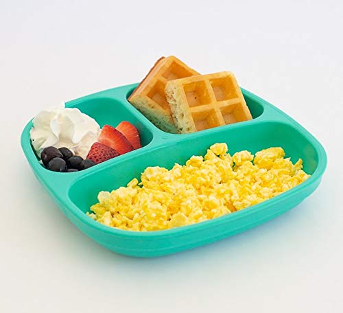 Re-Play Made in USA 5 Piece Toddler Feeding Set includes 2 Divided Plates, Silicone Storage Lid, Utensils - Made from Recycled Milk Jugs - Aqua