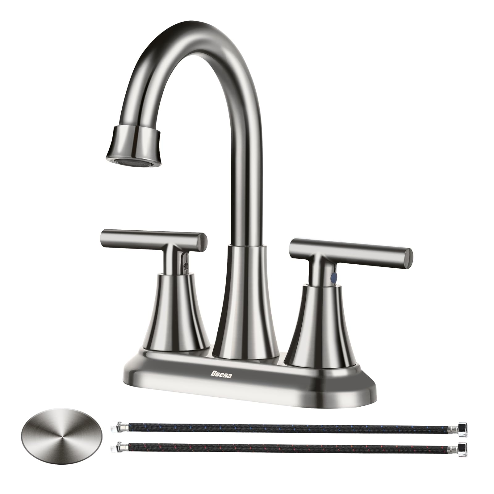 4 Inch Bathroom Faucets for Sink 3 Hole, Faucet for Bathroom Sink with Pop-up Drain & Supply Hoses, 2-Handle 360 Swivel Spout Stainless Steel Lead-Free, Centerset Faucet for Bathroom Vanity Lavatory