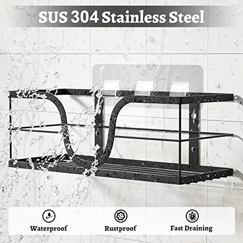 Alsonerbay Shower Caddy, Adhesive Shower Organizer, No Drilling Shower Shelf with Hooks for Bathroom Storage, Rustproof 304 Stainless Steel Shower Rack, 2 pack, Matte Black