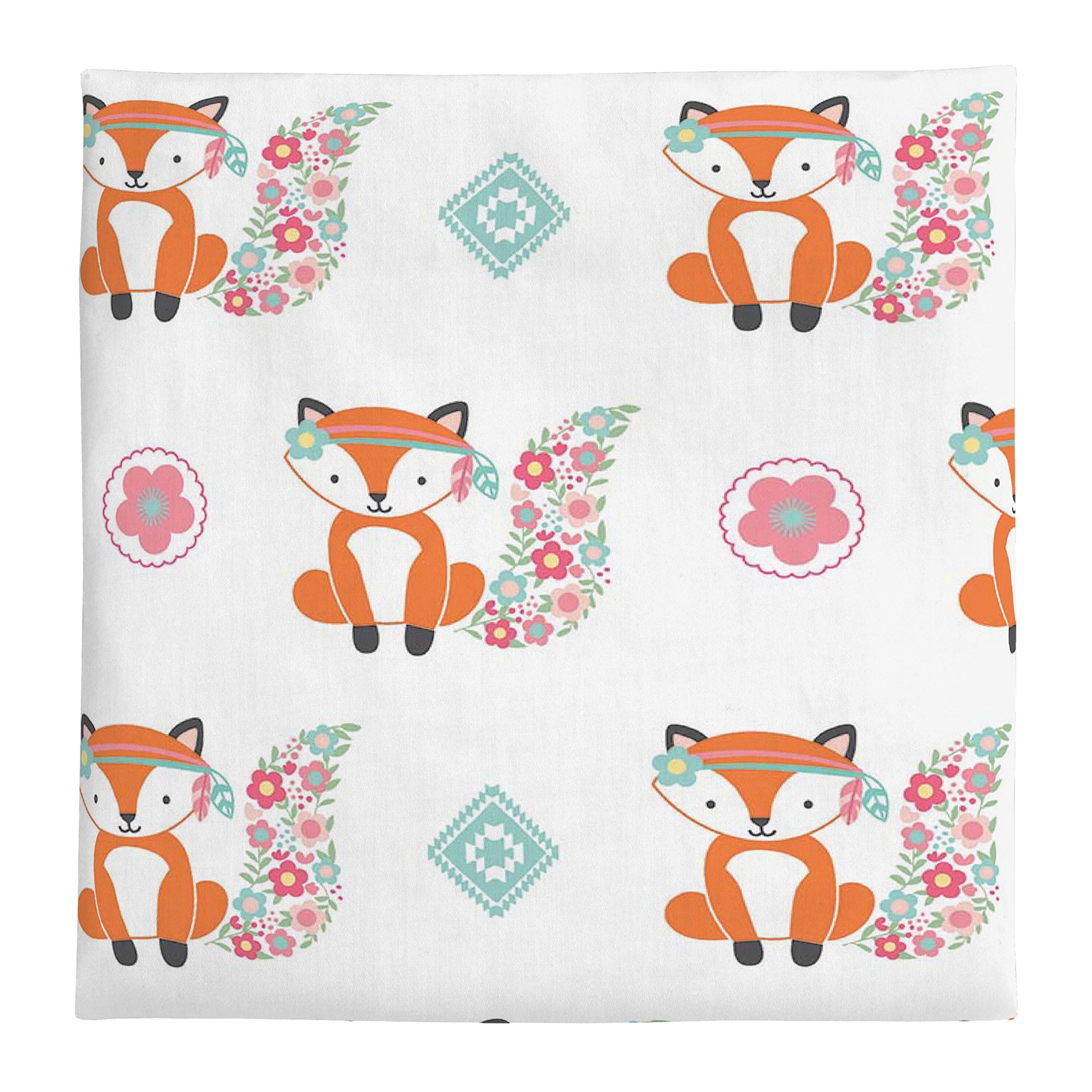 NoJo Aztec Mix & Match 100% Cotton Teal Floral Fox Fitted Crib Sheet, Pink, Orange, Aqua, White