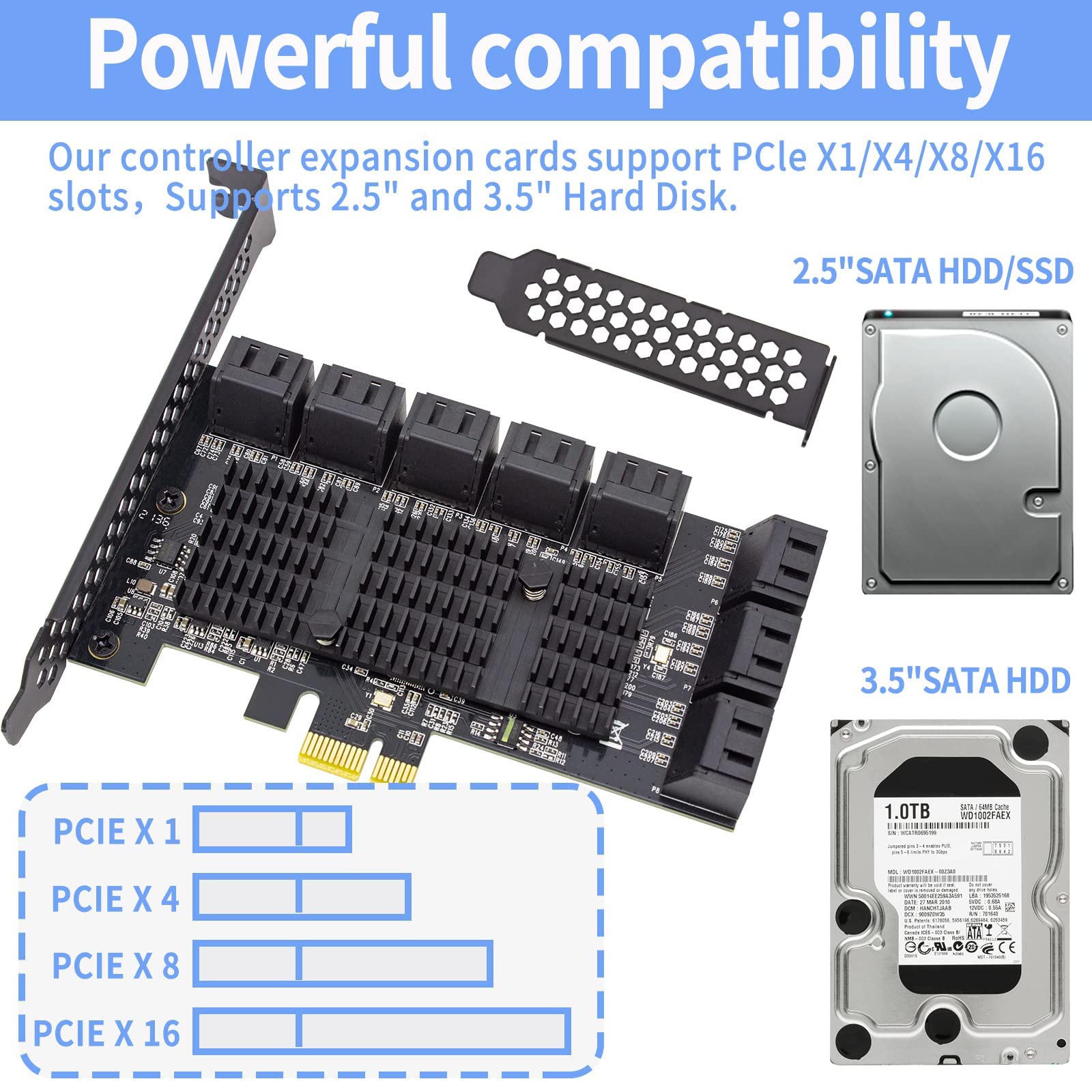ACTIMED PCIE SATA Card 16 Port with 16 SATA Cable, 6 Gbps SATA 3.0 Controller PCI Express Expansion Card with Low Profile Bracket, Support 16 SATA 3.0 Devices, Compatible with Windows,MAC,Linux System