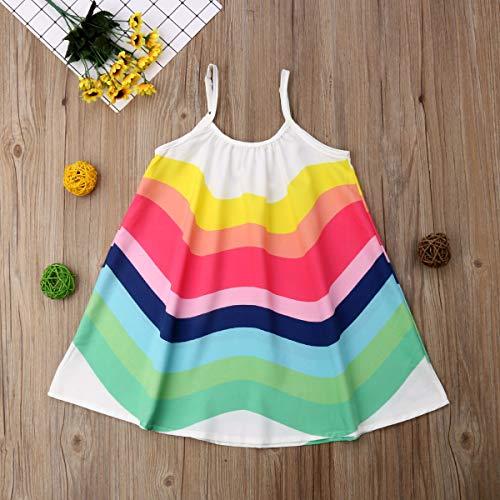 Toddler Baby Girl Summer Boho Rainbow Stripe Spaghetti Strap Beach Sun Dress (Rainbow, 5-6T)