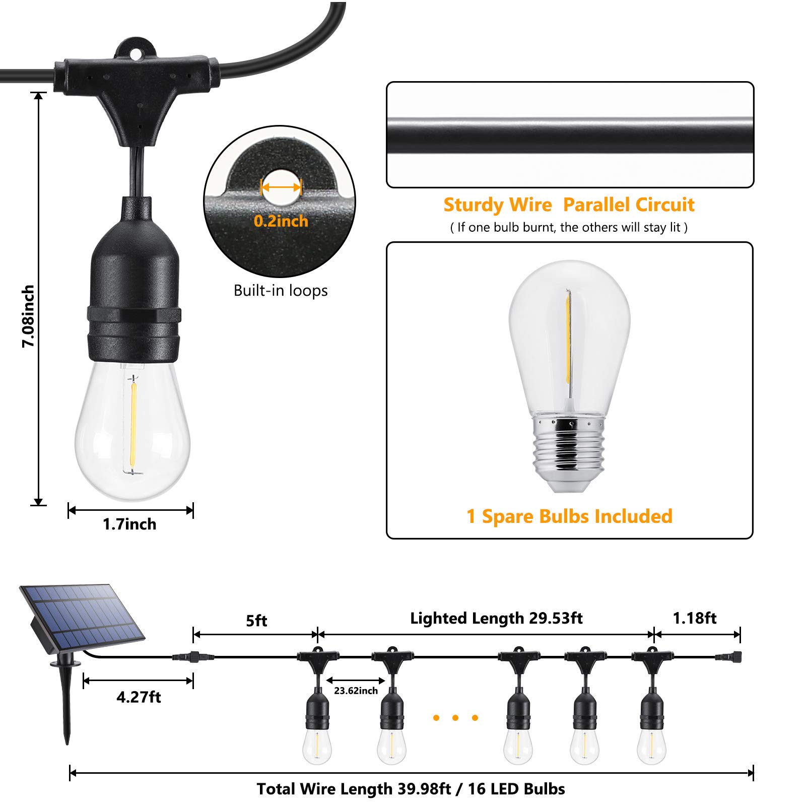 BrizLabs Outdoor Solar String Lights, 39ft Hanging Solar Patio Lights with 16 LED Shatterproof Bulbs, S14 Waterproof Solar String Lights 4 Modes for Patio Garden Backyard Gazebo Porch Balcony, 2700K