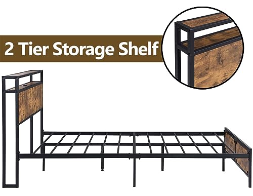 Anwick Metal Full Bed Frame with Storage Headboard and 2 USB Ports,Industrial Bed Frame Full Size with LED Lights and Underneath Storage,Noise Free, No Box Spring Needed(Full)