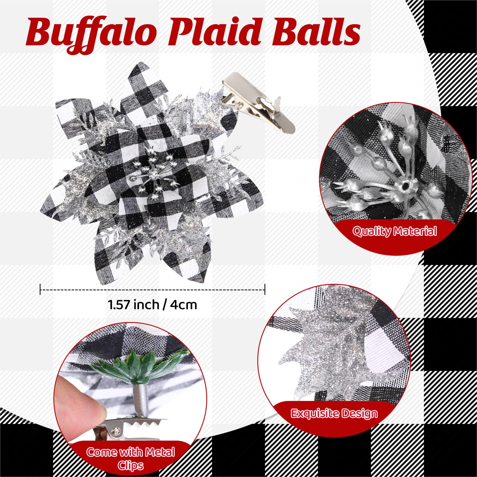 49 Pcs Christmas Tree Hanging Ornament Set Artificial Glitter Poinsettias Flower with Clips Sequin Christmas Ball Ornaments Black and White Buffalo Plaid Decorations Wired Edge Plaid Ribbon Tree Decor