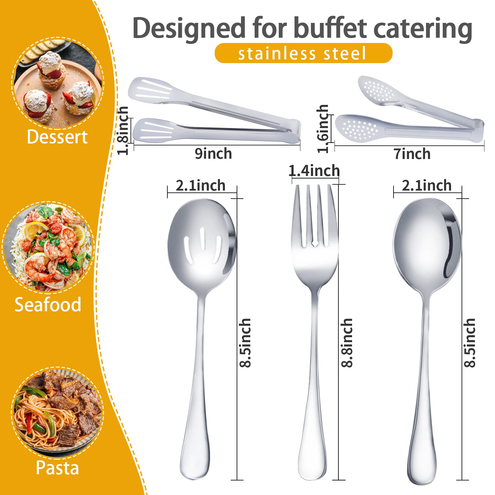 8 Pieces Stainless Steel Flatware Serving Utensils, Include 2 Serving Spoons, 2 Slotted Spoons, 2 Tongs and 2 Forks for Party Buffet Banquet Kitchen