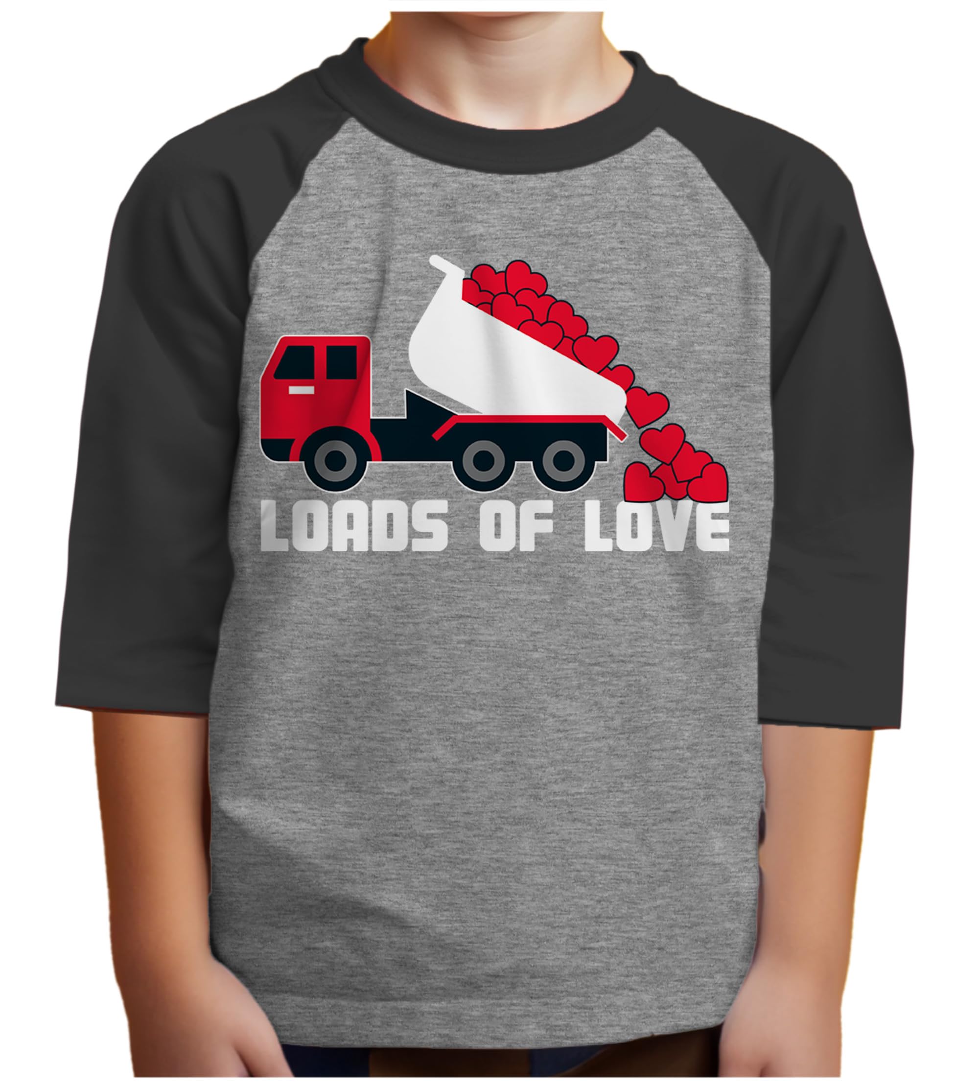Truck with Hearts Loads of Love Boys Valentines Day Shirt Dabbing Heart Valentine's Toddler Kids Raglan 3/4 Sleeve T-Shirt 2T Dark Gray