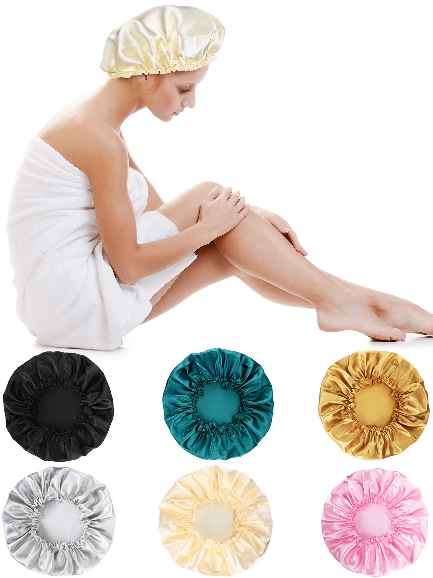 Syhood 6 Pieces Sleep Cap Satin Bonnet Sleeping Hat Soft Elastic Night Hair Cover for Women(Black, Beige, Silver, Gold, Pink, Peacock Blue,Medium)
