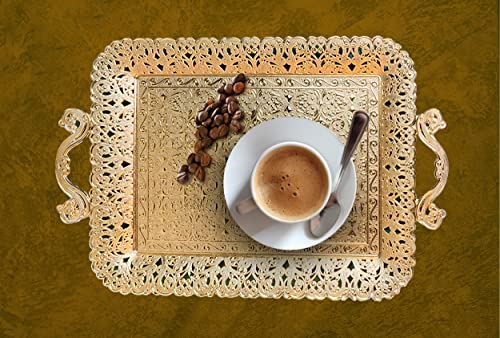chancegift Turkish Tea Coffee Beverage Dinning Serving Tray with Handled Ottoman Motif Decorative Middle Table Drink Bathroom Rectangular Suitable for Gift (16.5x10.7x1 INC) 42x28x2cm Gold, (A2022)