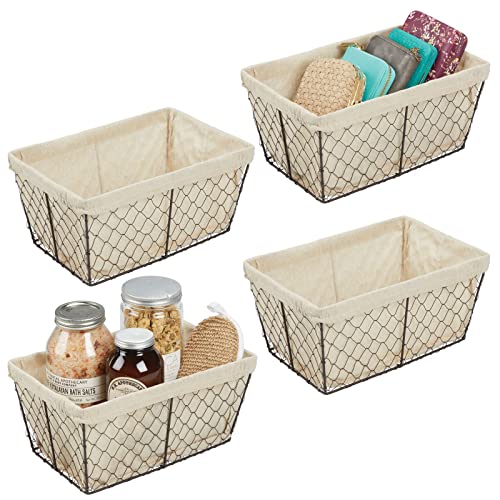 mDesign Medium Metal Farmhouse Home Storage Organizer Basket - Chicken Wire Design, Fabric Liner for Kitchen, Bathroom, Living Room, Pantry, Cupboard, Shelves, Countertop - 4 Pack - Bronze/Natural
