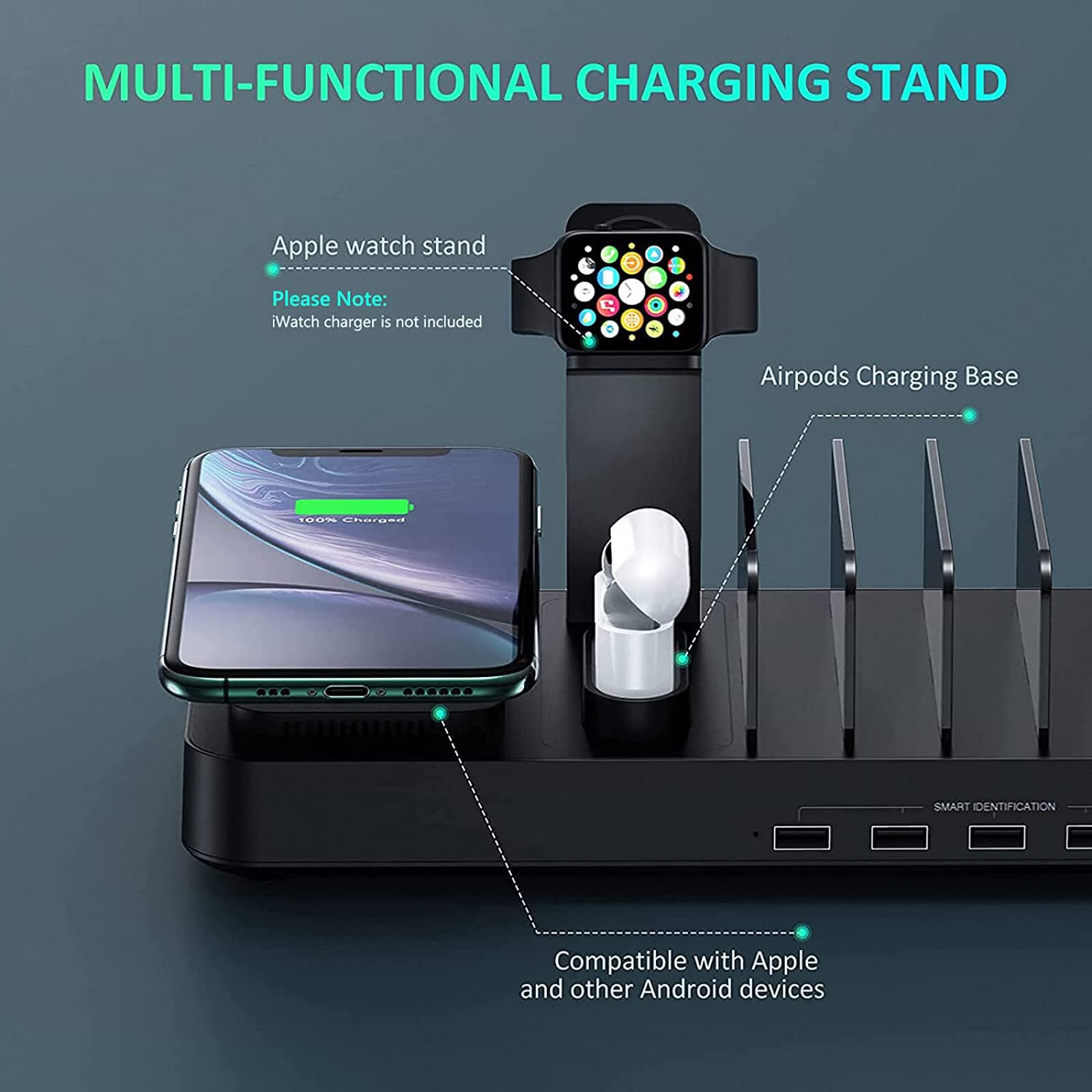 8 in 1 Wireless Charger Station for Multiple Devices, Charging Dock with AirPods iWatch Charger Stand, 10W Wireless Charger and 9 Short Mixed Cables for iPhone/iPad/Android/Tablets-Pitch Black