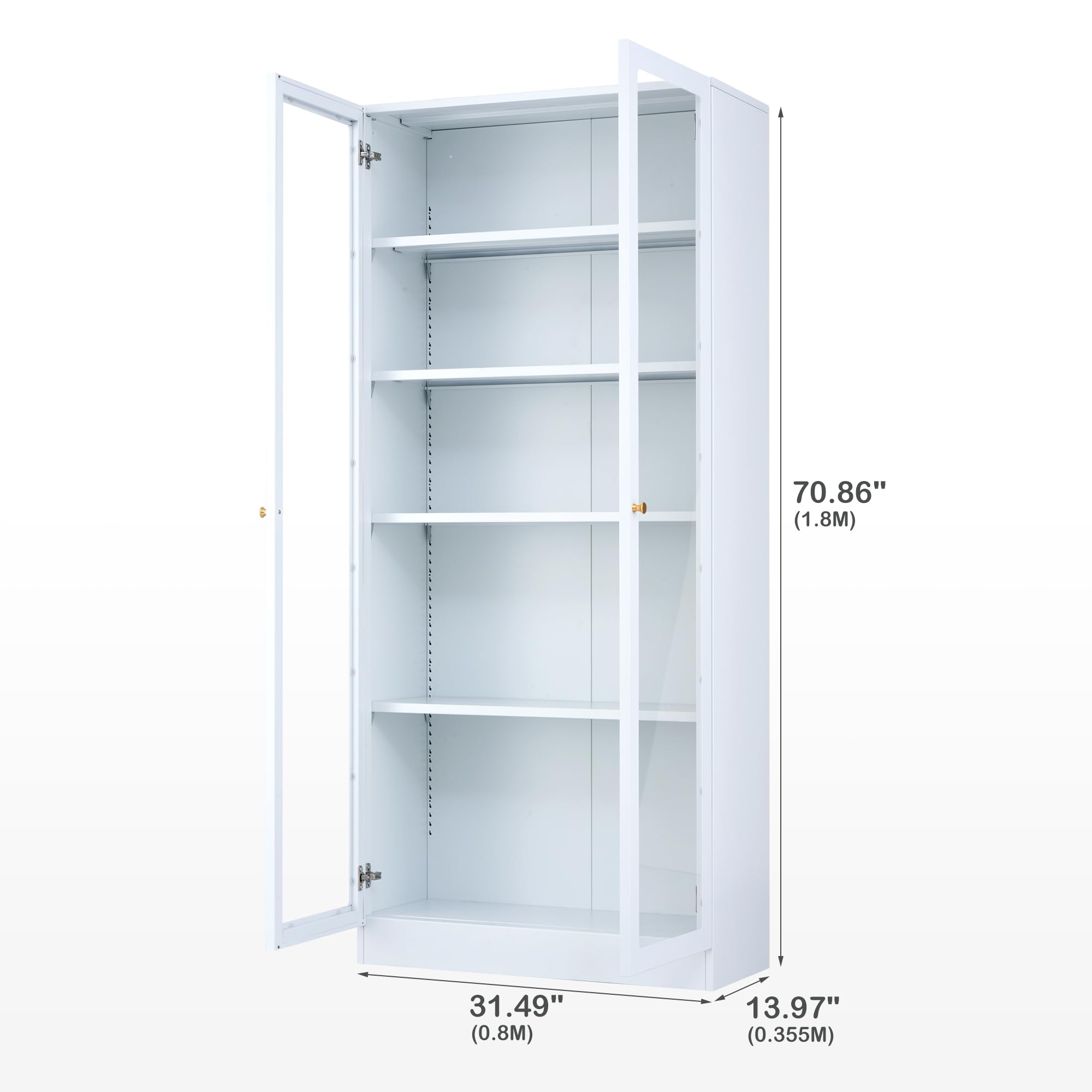 Alvisyd Metal Curio Cabinets with Acrylic Doors, 2 Door Cabinet 31.5 Wide Large Storage Bookcase with Adjustable Shelves, Glass Front Display Cabinet White Organizer 5 Tier for Home Office Craft