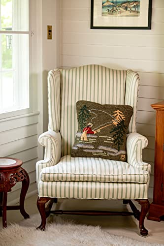 Chandler 4 Corners Artist-Designed Fly Fisherman Hand-Hooked Wool Decorative Throw Pillow (18” x 18”) Lake & Lodge Pillow for Couches & Beds - Easy Care & Low Maintenance - Fishing Pillow for Cabins