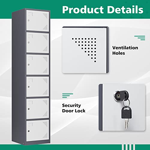 Letaya Metal Lockers for Employees,71" Steel Storage Cabinet with 6 Door Lockable for Office Staff,Home Sundries,Gym,School (White)