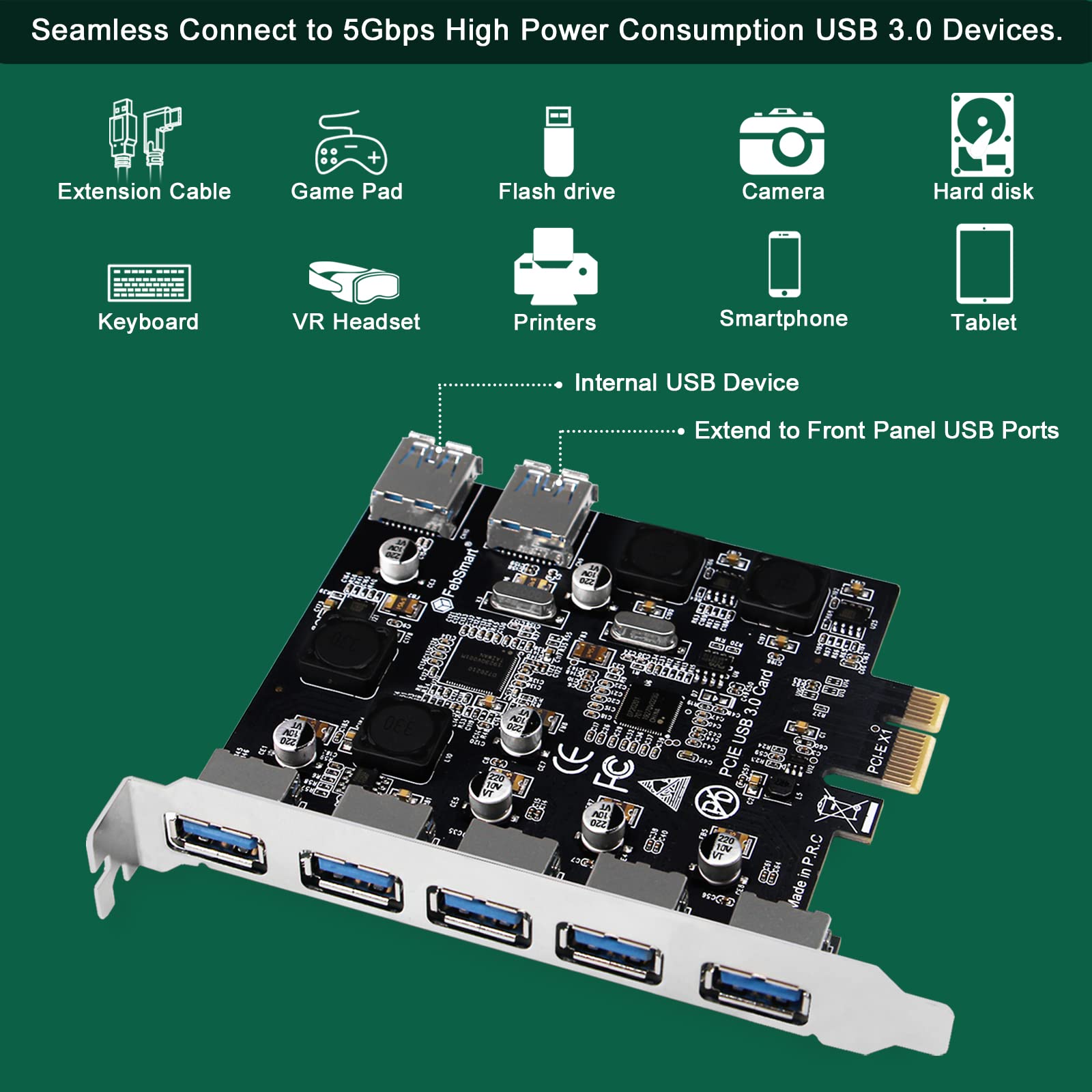 FebSmart 7-Ports Superspeed 5Gbps PCIE USB 3.0 Expansion Card for Windows 11, 10, 8.x, 7, Vista, XP Desktop PCs, Built in FebSmart Self-Powered Technology, No Need Additional Power Supply (FS-U7-Pro)