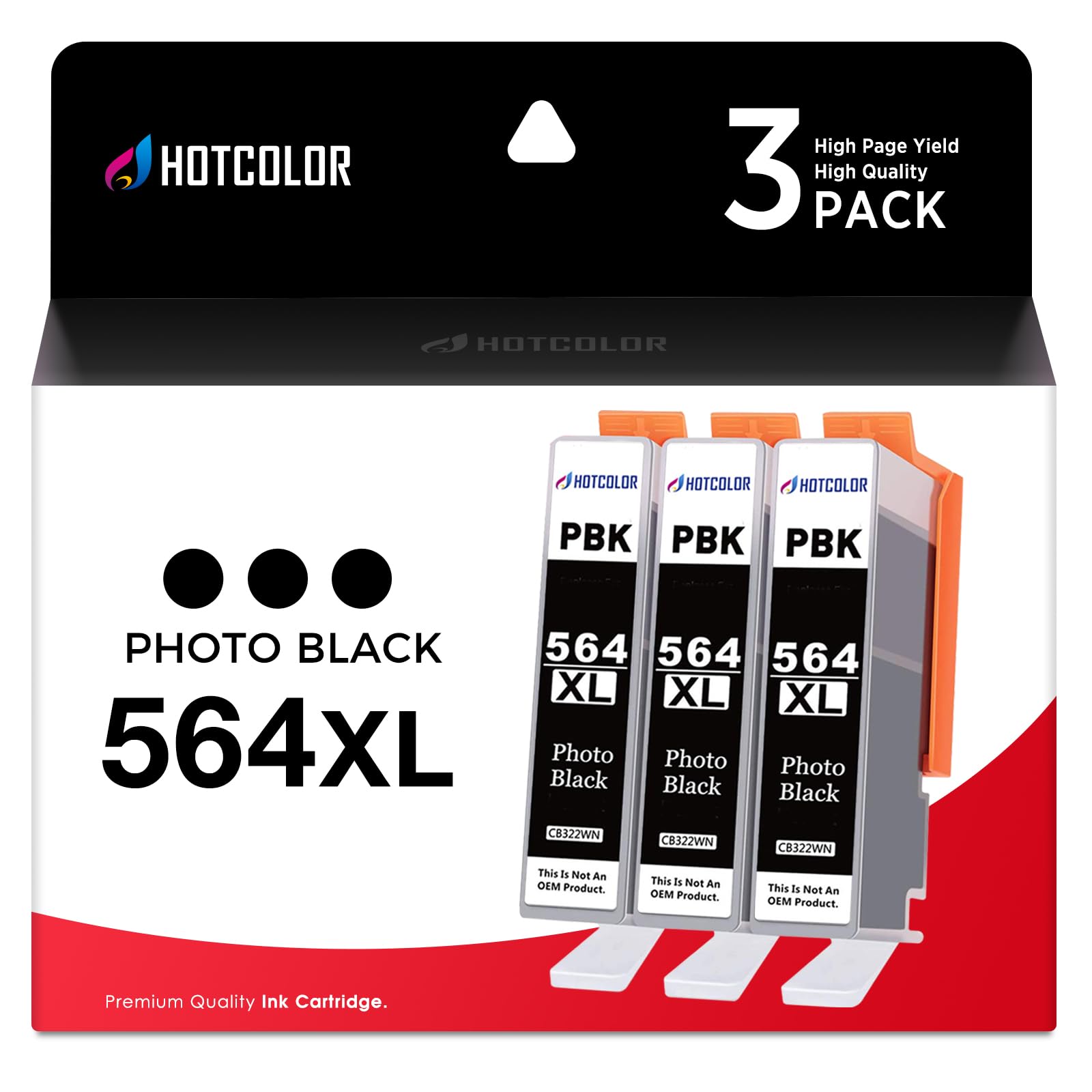 HOTCOLOR 564XL Photo Black Ink Cartridge Replacement for HP564XL Ink Cartridges for hp 564xl inkCB322WN for HP Photosmart 7520 c309g 7510 7525 b210e Printer(3 Small/Thin PBK, 3Pack)