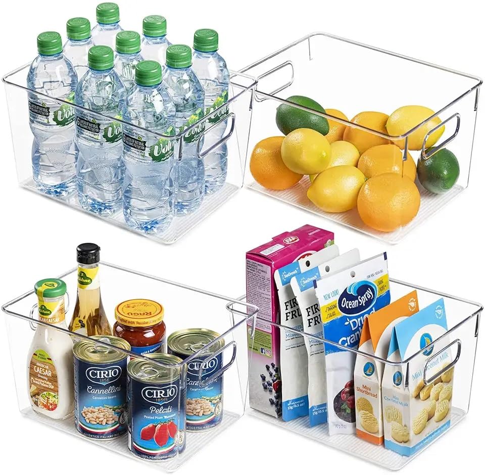 4 Pack Clear Storage Bins,11.25"x 7.5"x 6", Refrigerator Freezer Food Organizer Bins, Bathroom Cabinet Organization, Under Sink Shelf Organizer, Fridge Organizer, Acrylic Office Organizing Bins