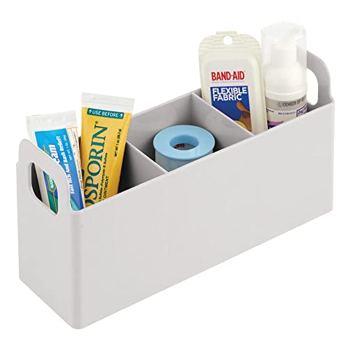 mDesign Plastic 3-Compartment Bathroom Organizer Storage Bin - Divided Makeup Caddy and Hair/Beauty Product Holder Tray - Perfect for Vanity, Counter, Cabinet - Lumiere Collection - 2 Pack, Light Gray