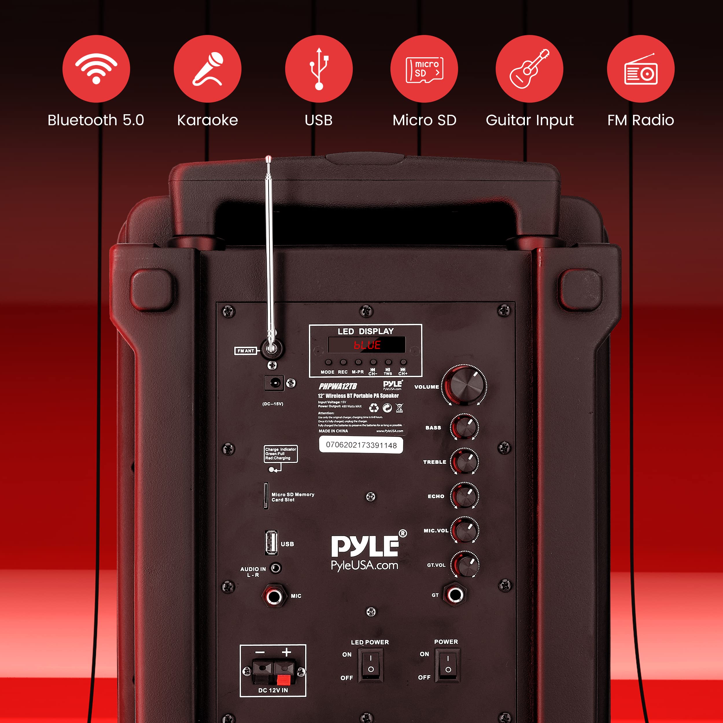 Pyle 12’’ Portable PA Speaker System - Wireless BT Streaming PA & Karaoke Party Audio Speaker, Two Wireless Mic, Wired Microphone, Tablet Stand, Flashing Party Lights, MP3/USB//FM Radio - PHPWA12TB