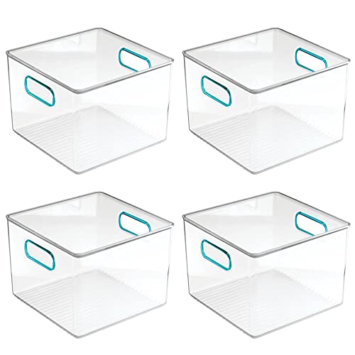 mDesign Plastic Food Storage Container Bin with Handles for Kitchen, Pantry, Cabinet, Fridge/Freezer - Cube Organizer for Snacks, Produce, Vegetables, Pasta - BPA Free, Food Safe - 4 Pack, Clear/Blue