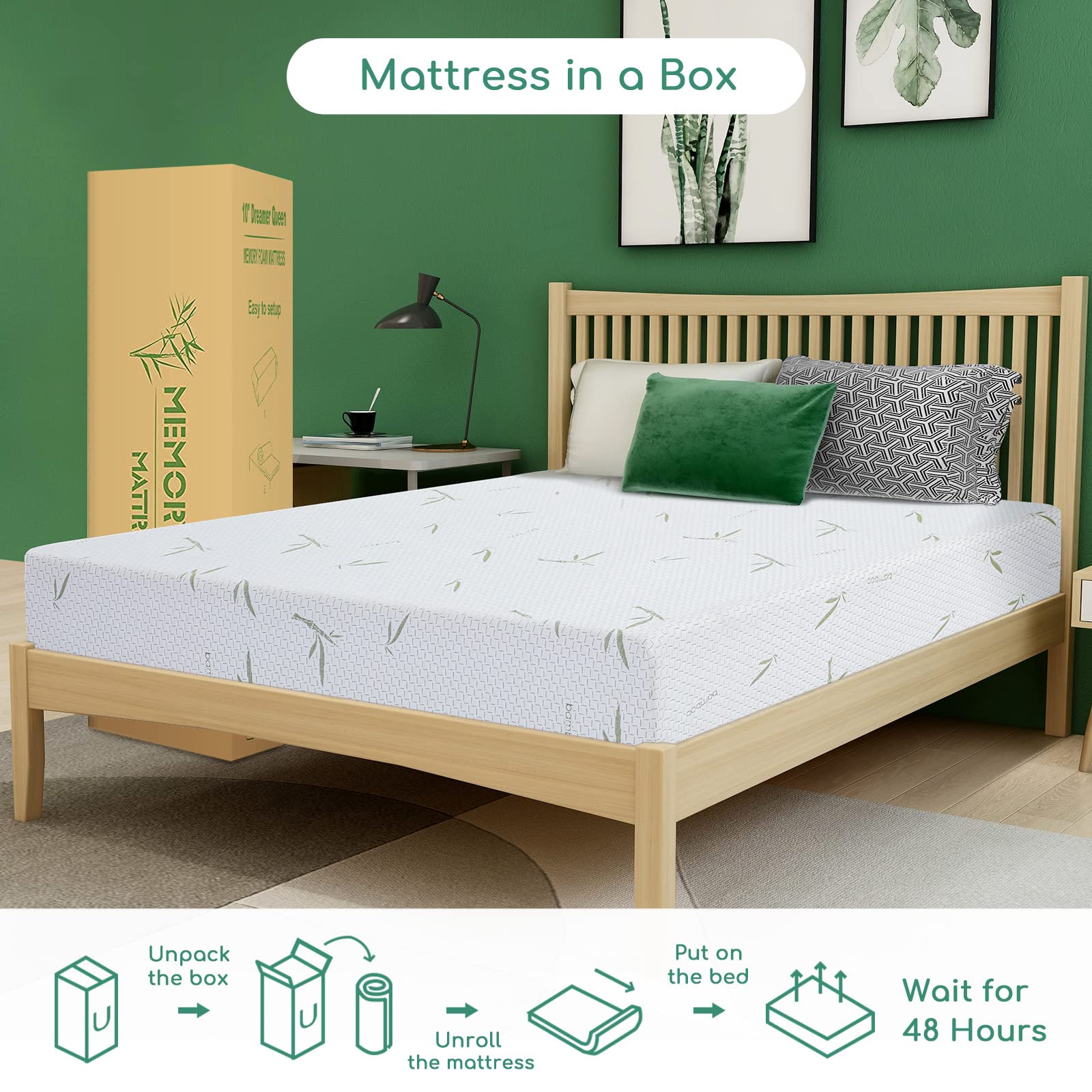 Airdown King Mattress, 10 Inch Memory Foam Mattress in a Box with Breathable Bamboo Cover, Medium Firm Green Tea Gel Mattress for Pressure Relieving, CertiPUR-US Certified, Made in USA, White