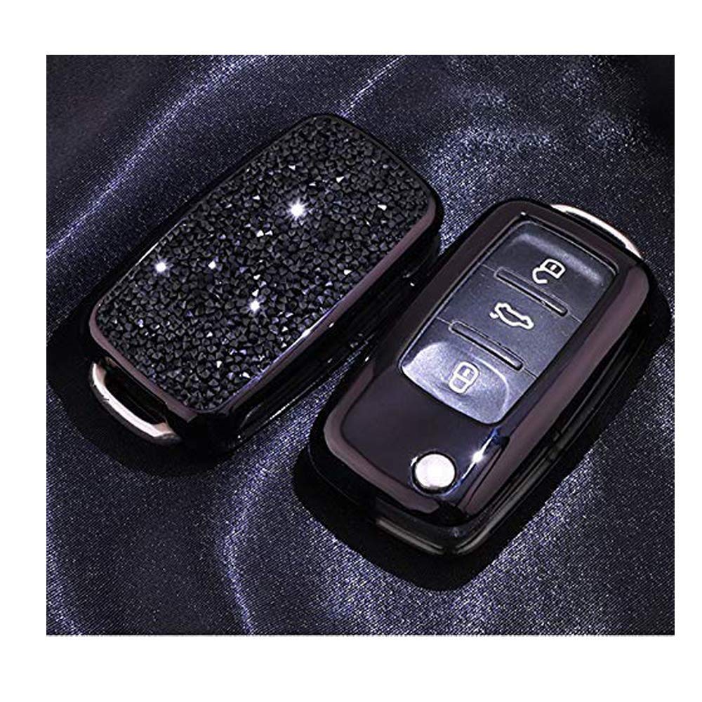 3 Buttons 3D Bling flip Folding Remote Key Fob case Cover for Volkswagen vw Accessories Black