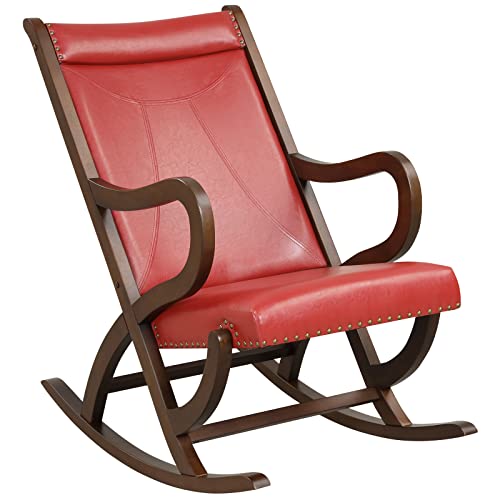 Giantex Rocking Chair with Cushion, Modern PU Leather Rocker, Rubber Wood Frame, Ergonomic Backrest Armrest, Single Rocking Chair for Nursery Living Room Bedroom Lounge Office, Red