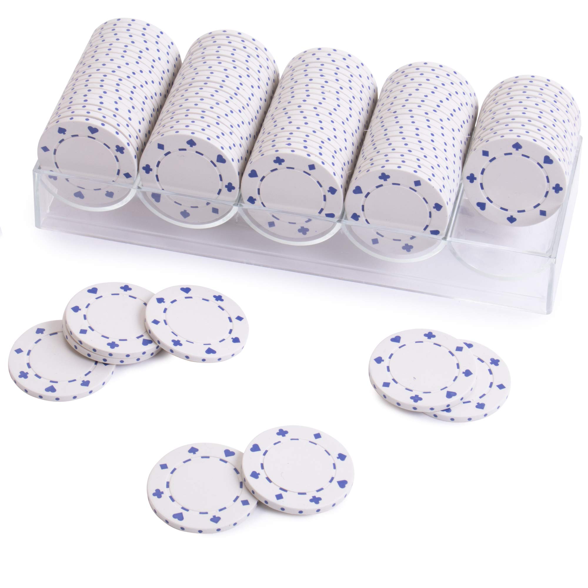 Brybelly Poker Chip Set with Acrylic Chip Tray, 100 Ct - 11.5g Lightweight, Blank Poker Chips with Card Suit Symbols and Poker Chip Holder - Rack Me Up Bundle, White