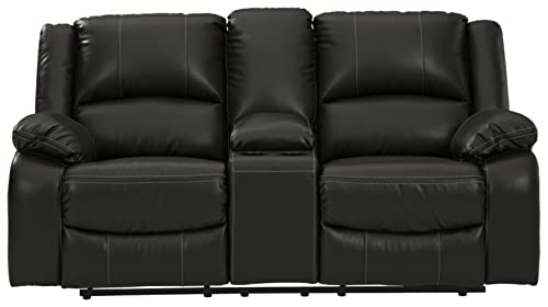 Signature Design by Ashley Calderwell Faux Leather Manual Double Reclining Loveseat with Storage Console, Black