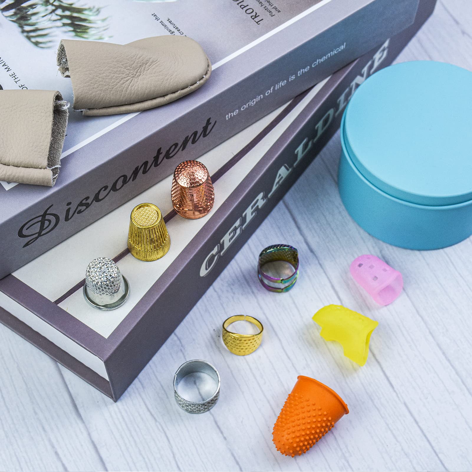 4 Pieces Sewing Thimble, Metal Copper Sewing Thimble Finger Protector Adjustable Finger Shield Ring Fingertip Thimble Sewing Quilting Craft Accessories DIY Sewing Tools