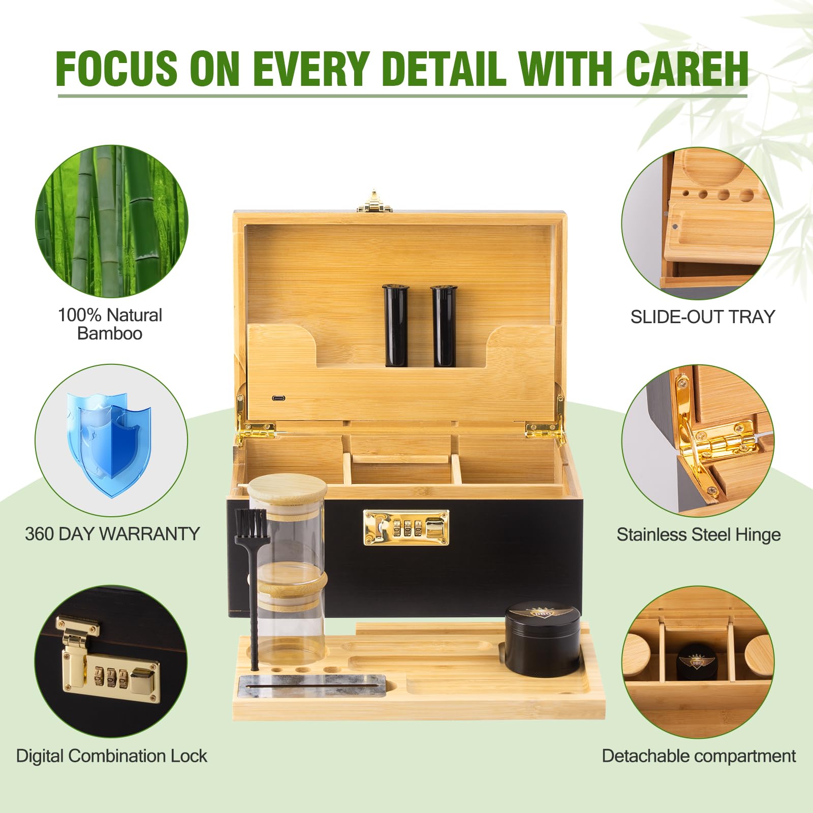 IEVEY Stash Box with Rolling Tray & Neon, Smell Proof Large Bamboo Storage Box with Lock, Decorative Box Set Includes Glass Jars & Grinder & Brush, Great Gift for Men Women(Black)