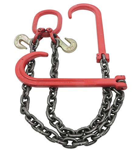 Mytee Products Grade 80 V Bridle Chain, Tow Recovery G80 3/8" x 3' Chain 7100# Lbs, Two 15" J-Hook & Eye Cradle Grab Hook