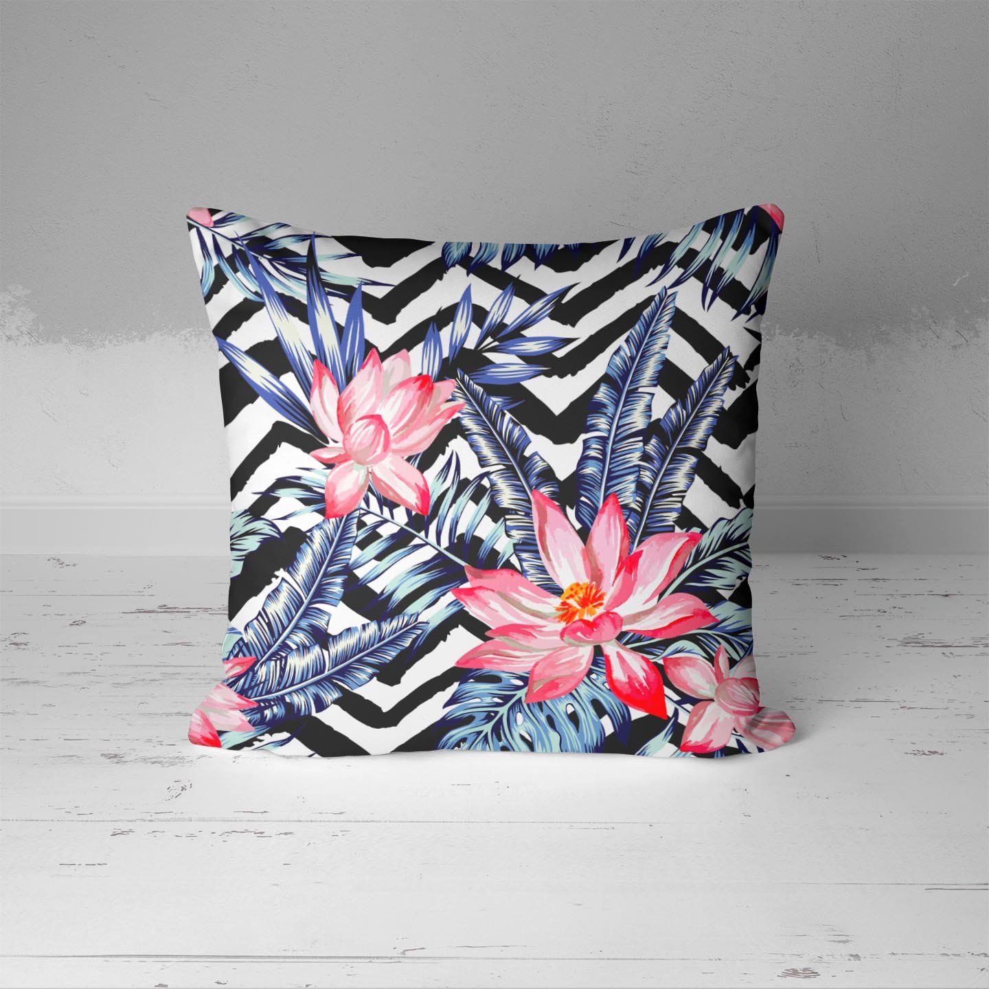 iiRov Summer Design Ink-Fuzed Decorative Throw Pillow - Vivid Tropical Chevron Floral v1