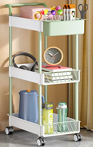 3 Tier Rolling cart, Utility Storage Cart with Hanging Basket, Easy Assemble Art Cart Craft Organizer for Office, Home, Kitchen, Classroom (White)