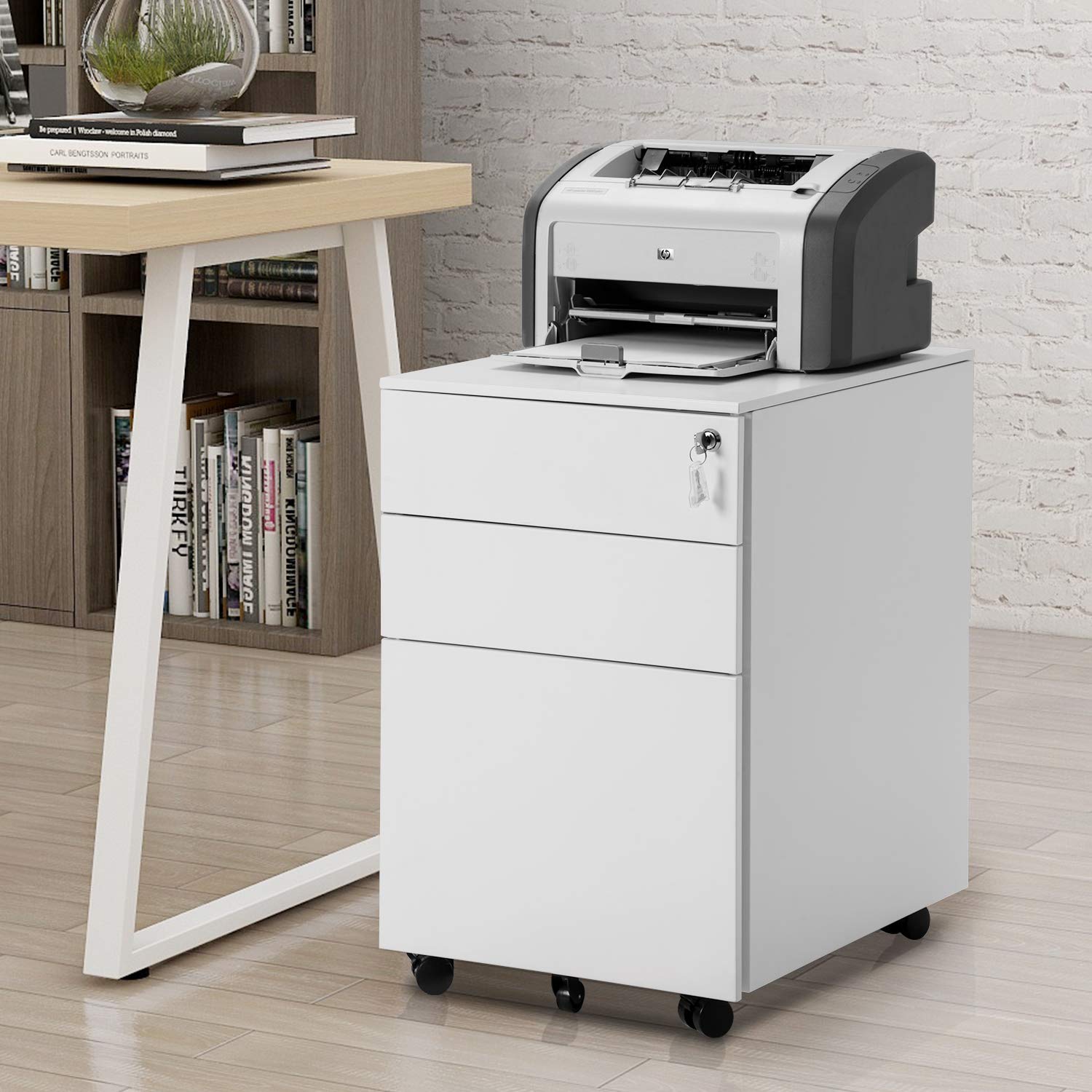 3 Drawer File Cabinet with Lock,Fully Assembled Mobile Metal Filing Cabinet for Home and Office, Steel, White